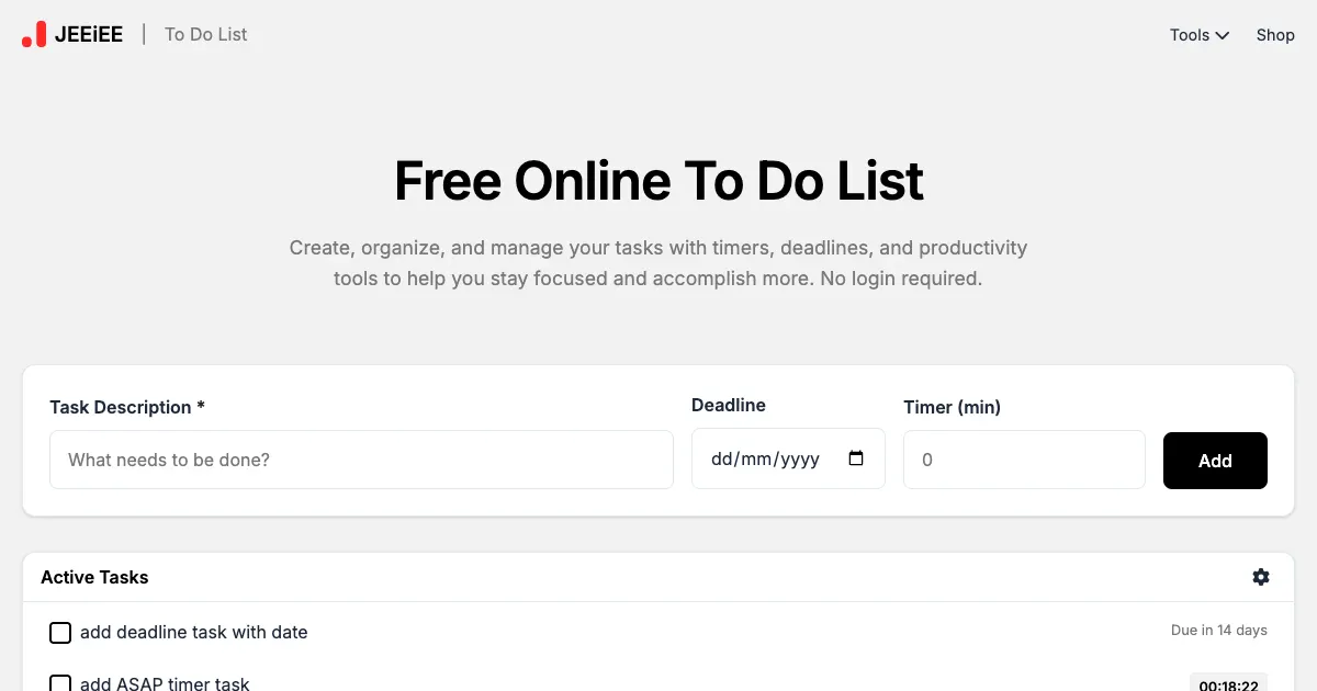 Free Online To Do List - No Login Required Productivity Tool | JEEiEE
